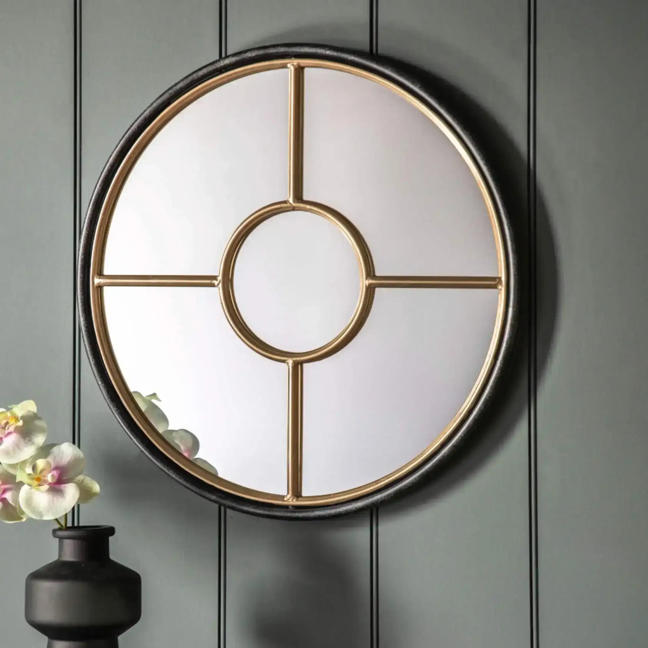 Black and Gold Framed Round Window Mirror