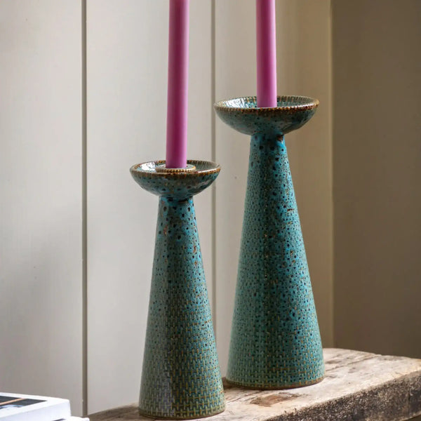 Two Teal Reactive Glaze Ceramic Candle Stick Set