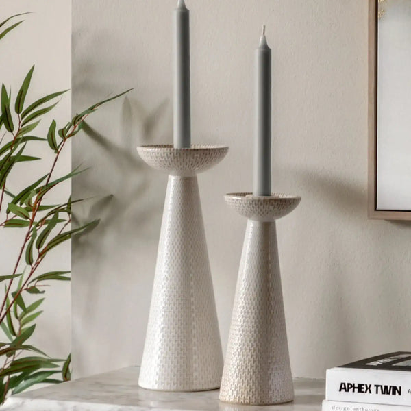 Two White Reactive Glaze Ceramic Candle Stick Set
