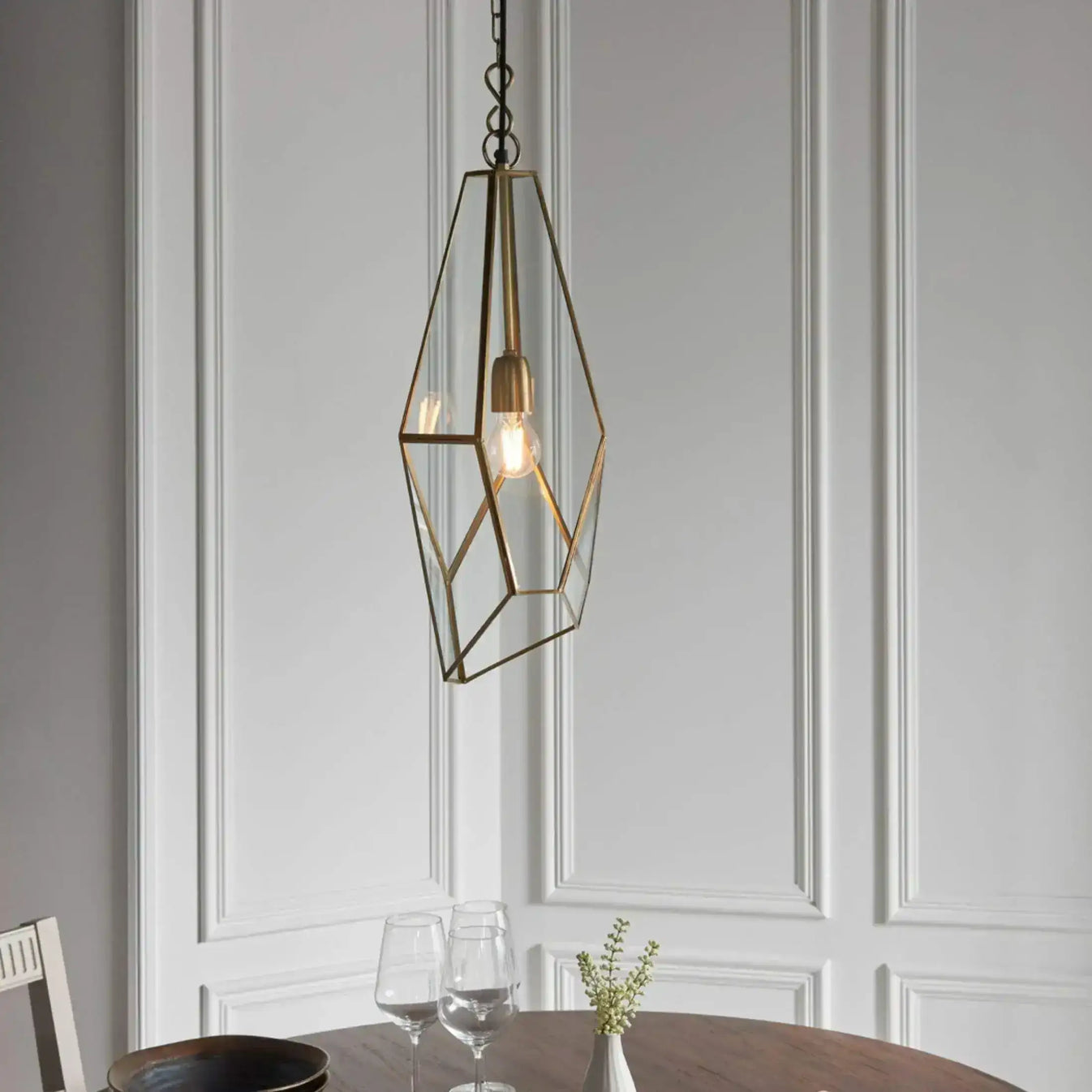 Antique Brass Angular Glass Panels Pendant Light