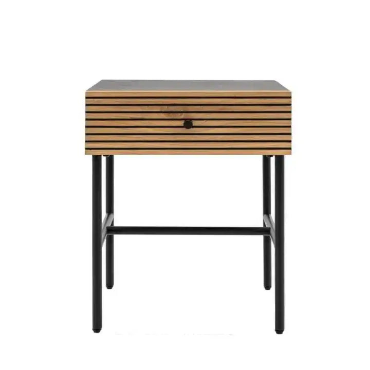 Round Sloping Slatted Wood & Marble Top Side Table