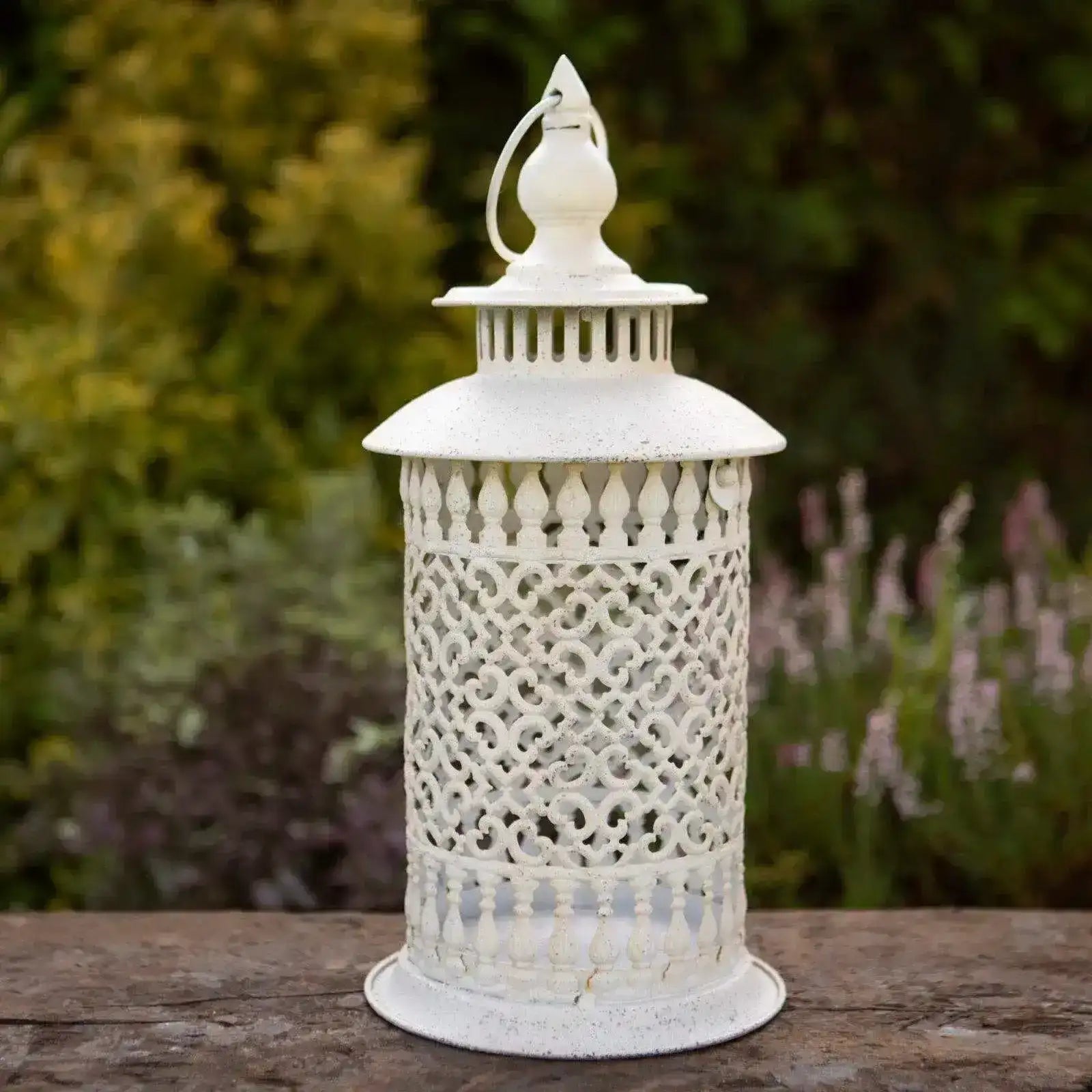Distressed Creamy White Lattice Candle Lantern