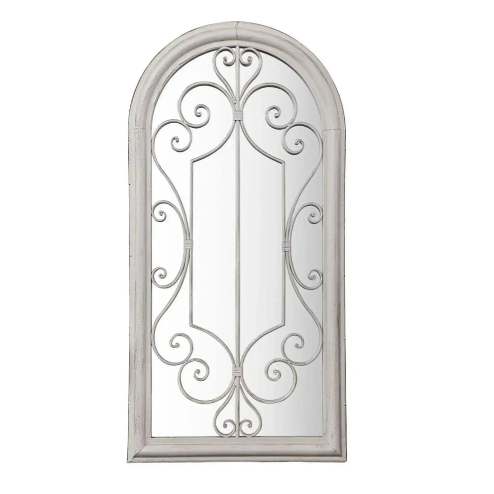 Distressed White Arched Scroll Garden Wall Mirror