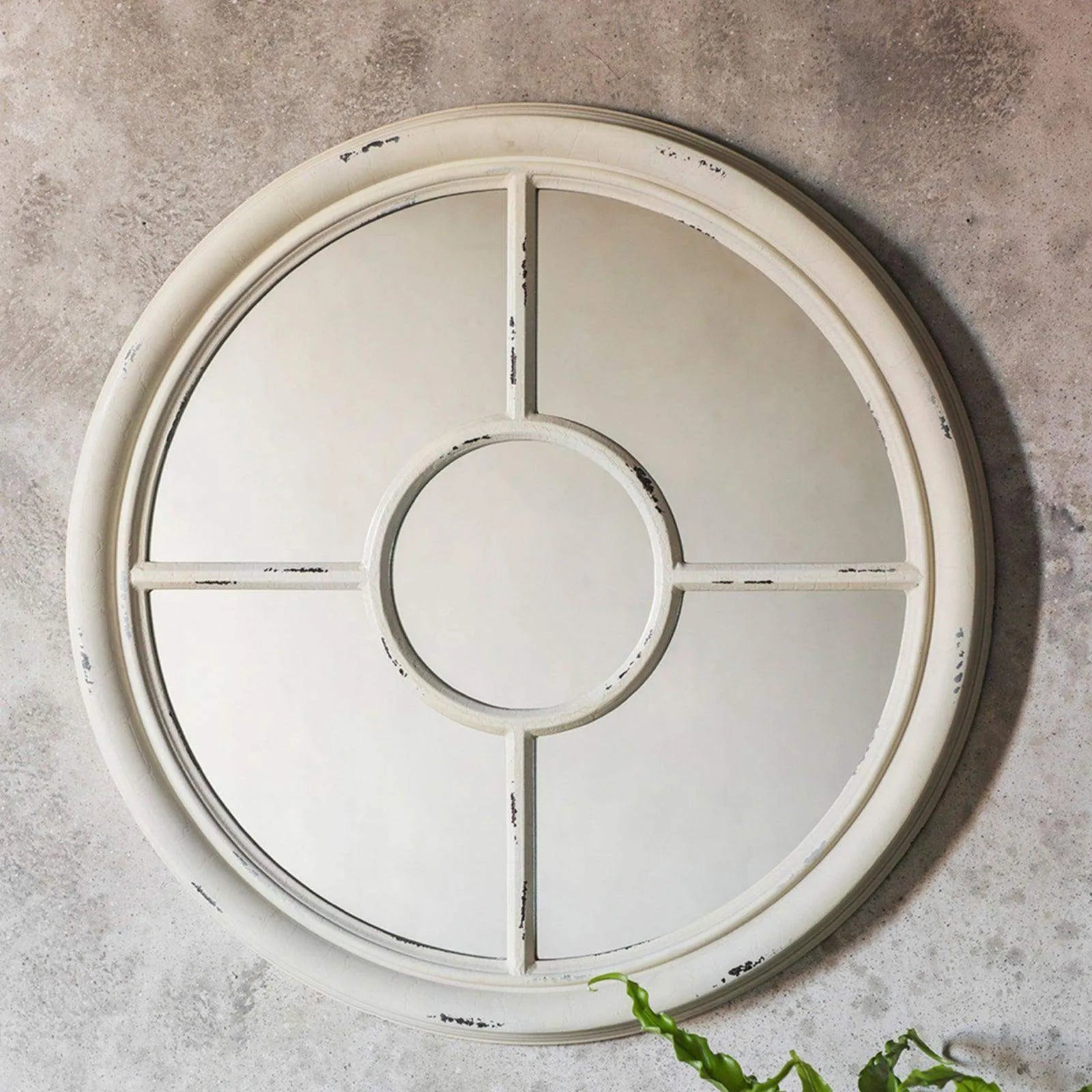 Distressed White Round Window Mirror