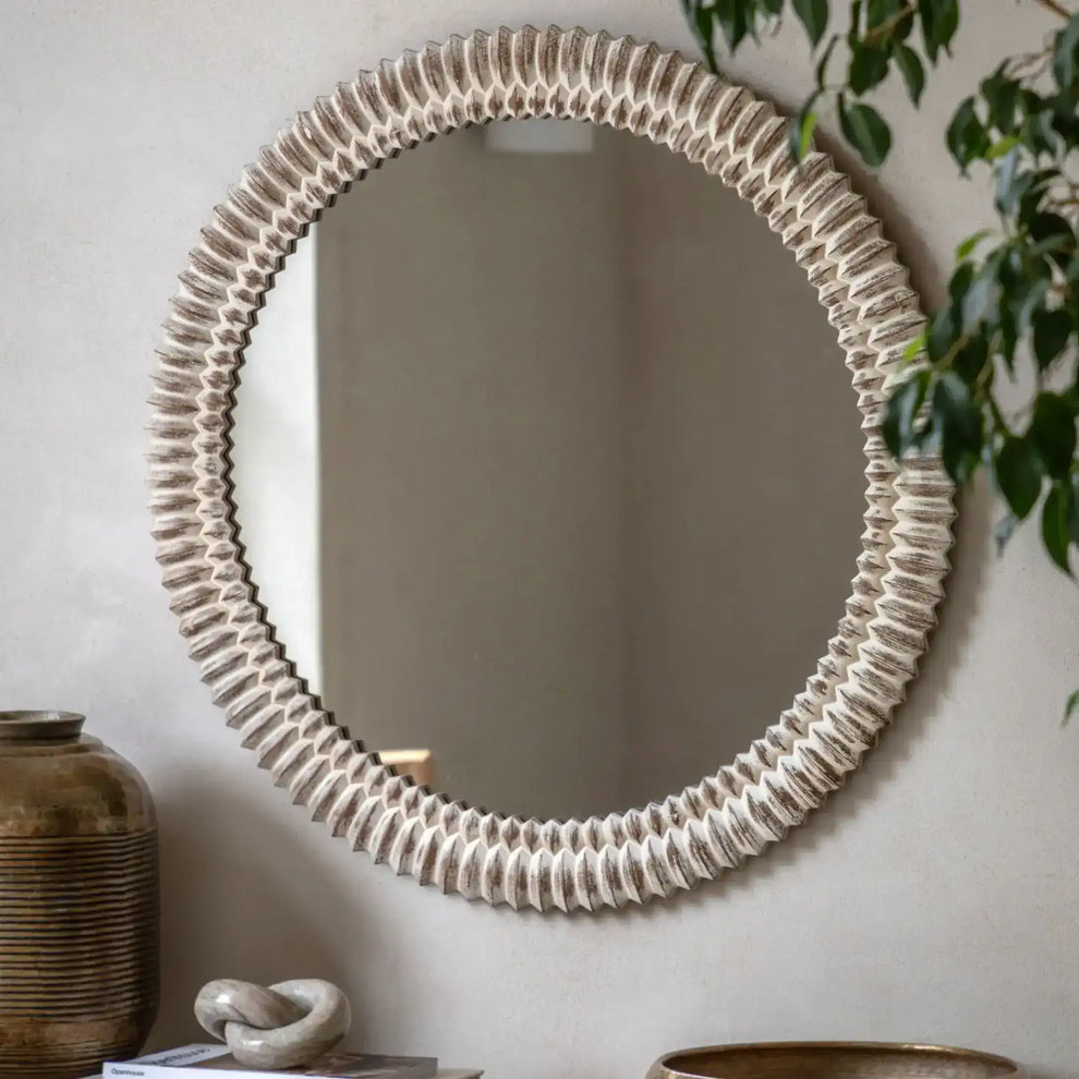 Distressed White Wash Ribbed Round Mirror