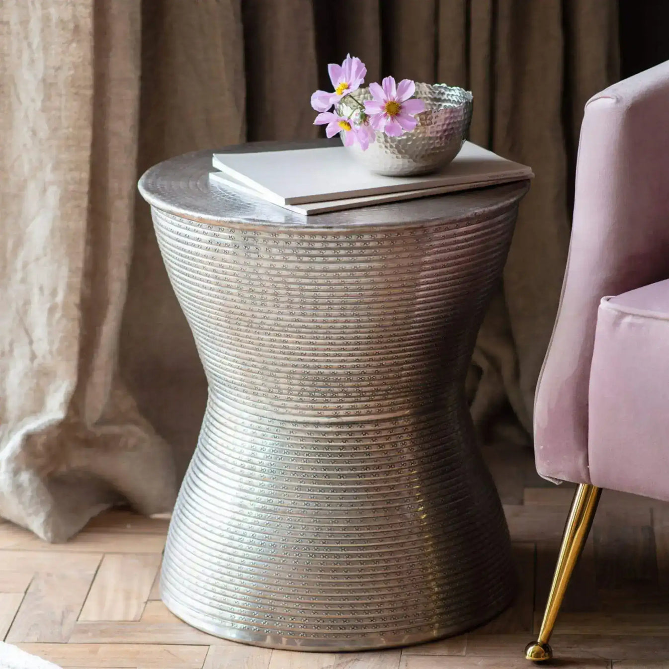 Embossed Metal Round Drum Side Table