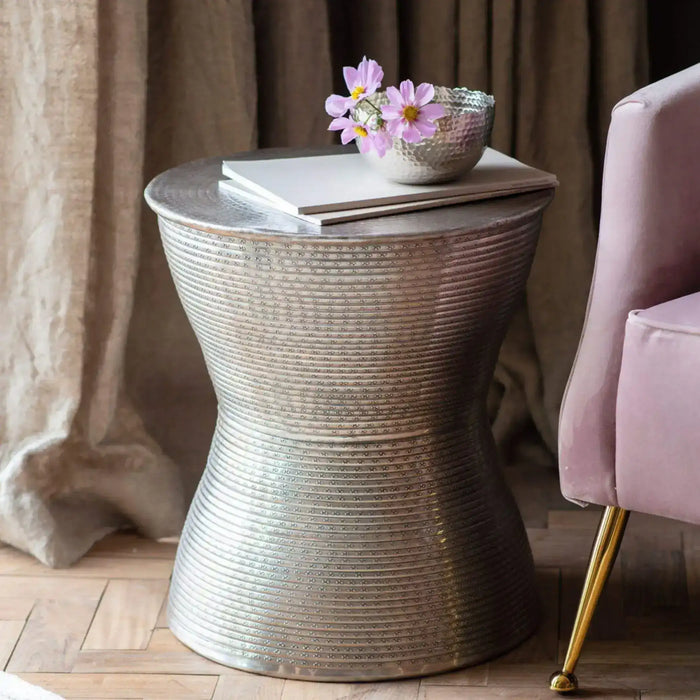 Embossed Metal Round Drum Side Table