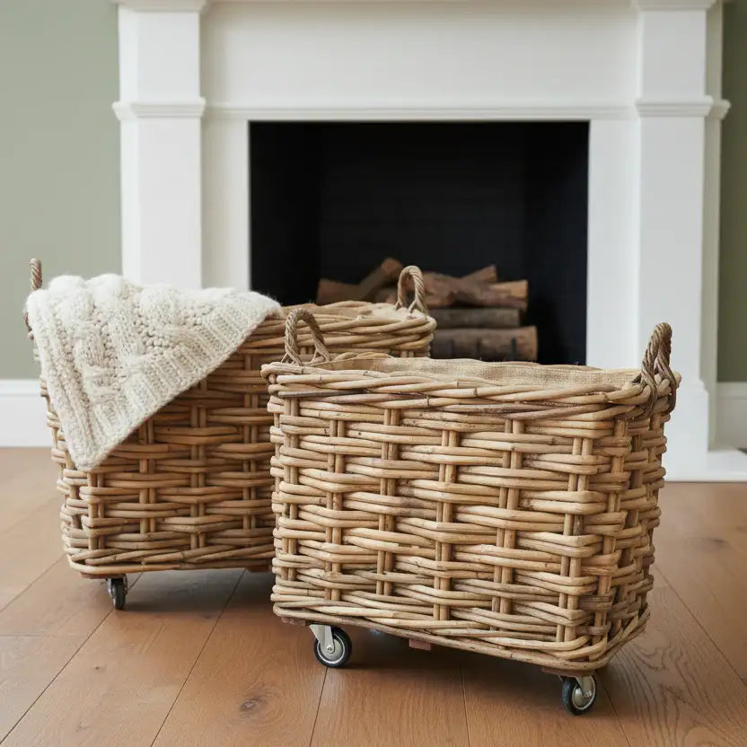 Set of 2 Hessian Lined Rectangle Wheeled Rattan Baskets