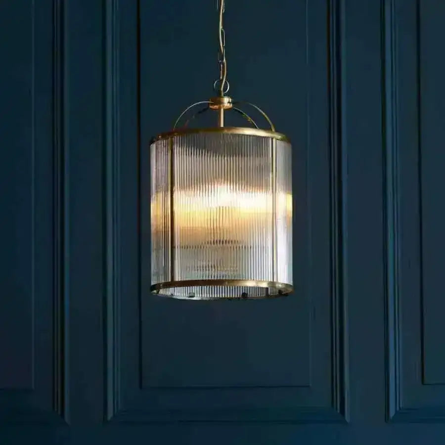 Large Ribbed Glass & Antique Brass Pendant Light