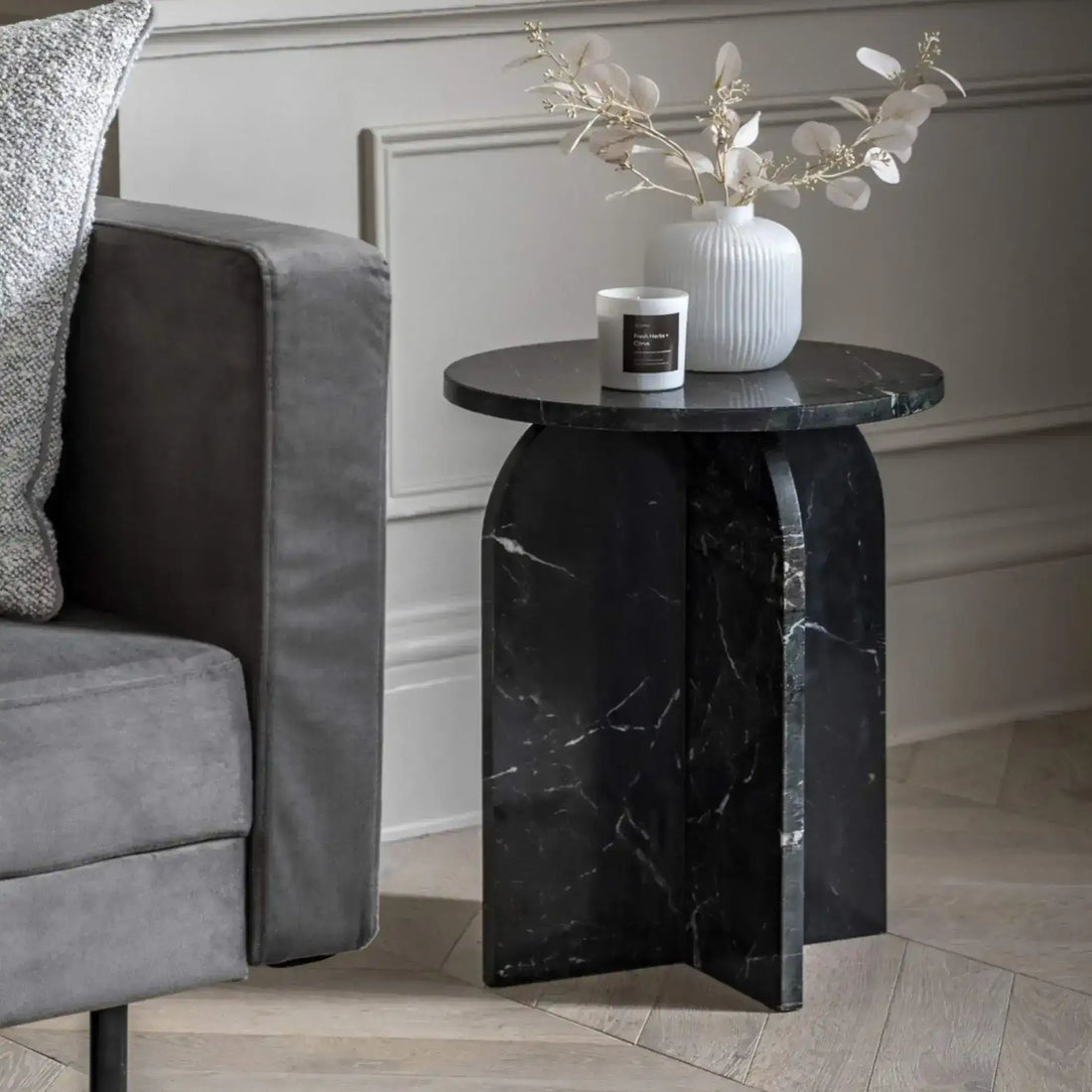 Natural Round Black Marble Side Table