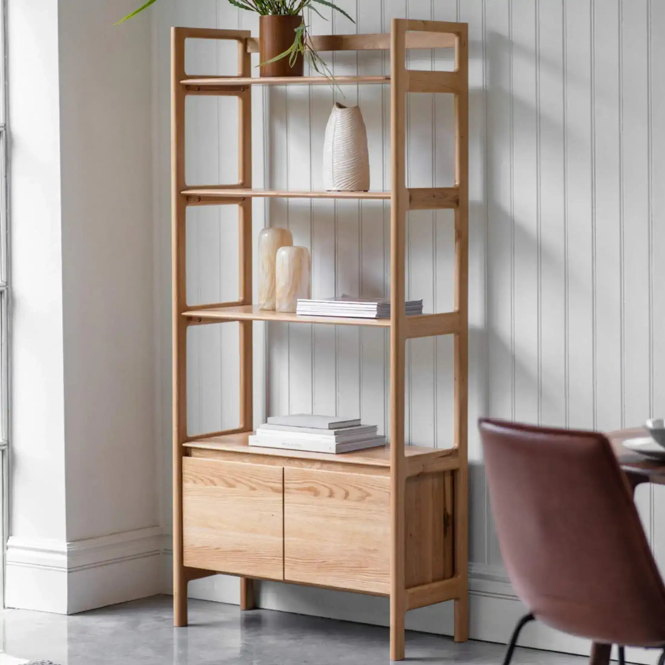 Oak Open Display Shelf Unit with Cupboard