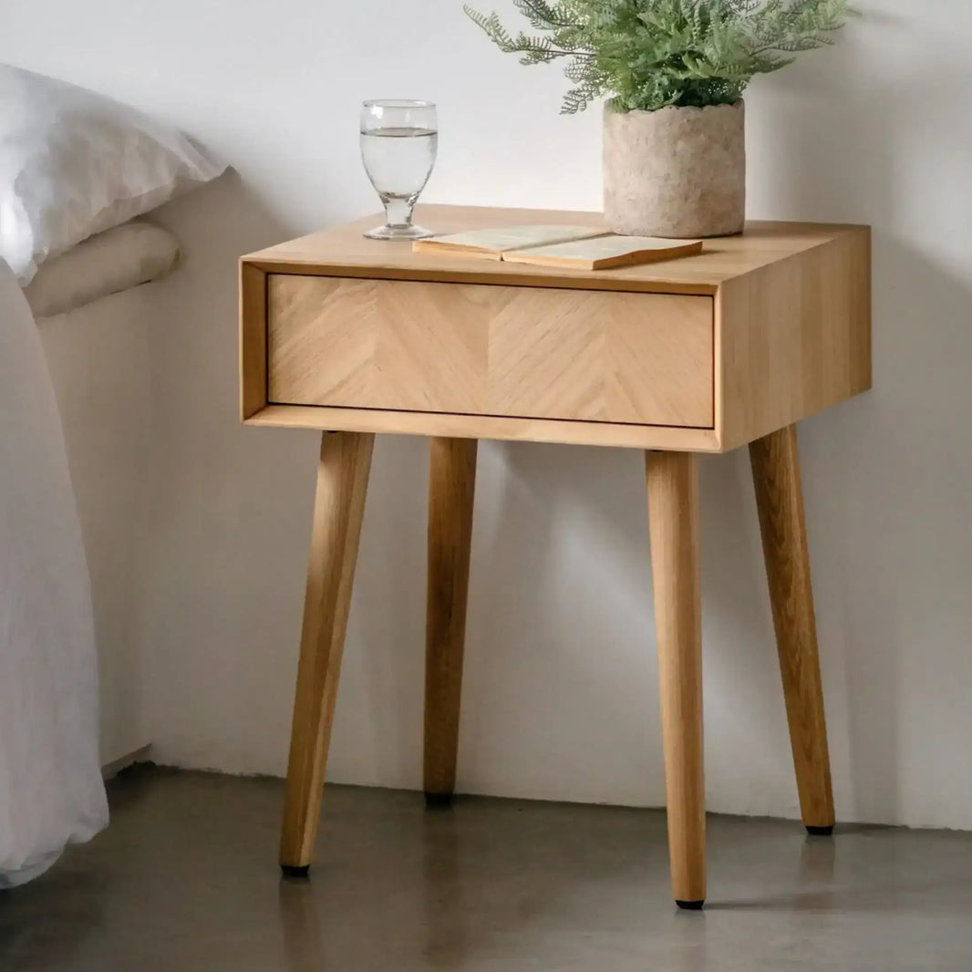 Round Sloping Slatted Wood & Marble Top Side Table