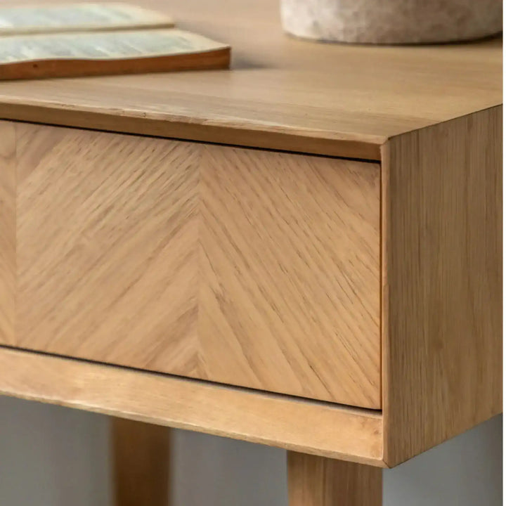 Round Sloping Slatted Wood & Marble Top Side Table