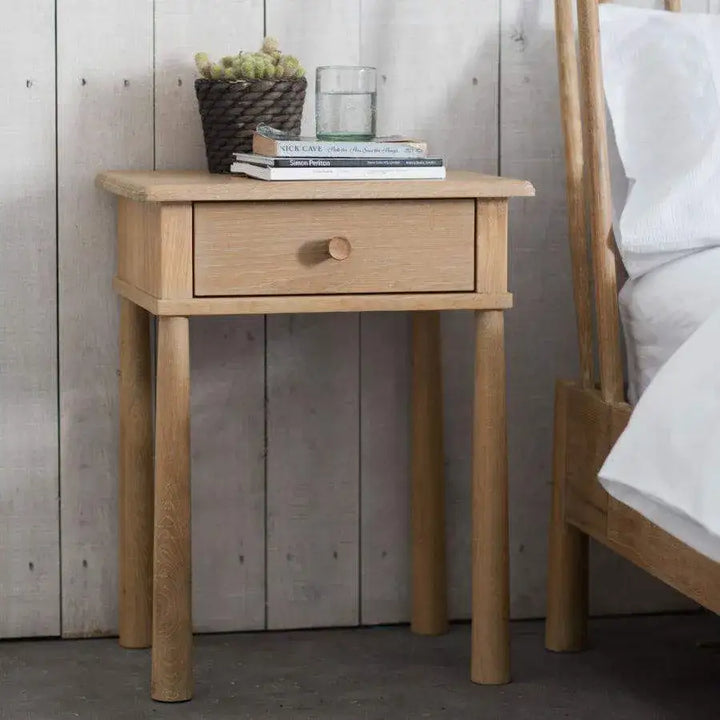 Round Sloping Slatted Wood & Marble Top Side Table