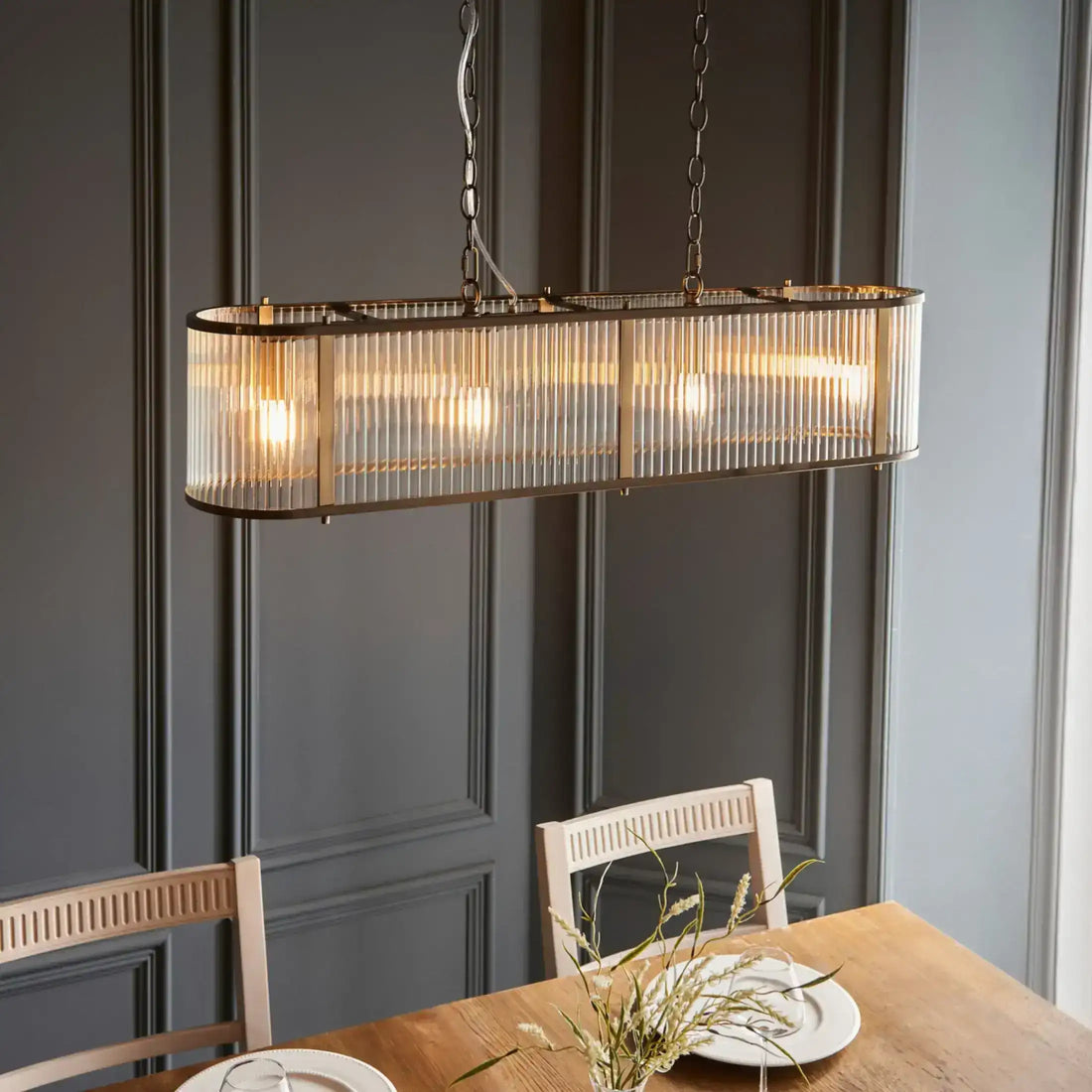 Rectangular Ribbed Glass & Antique Brass Linear Pendant Light