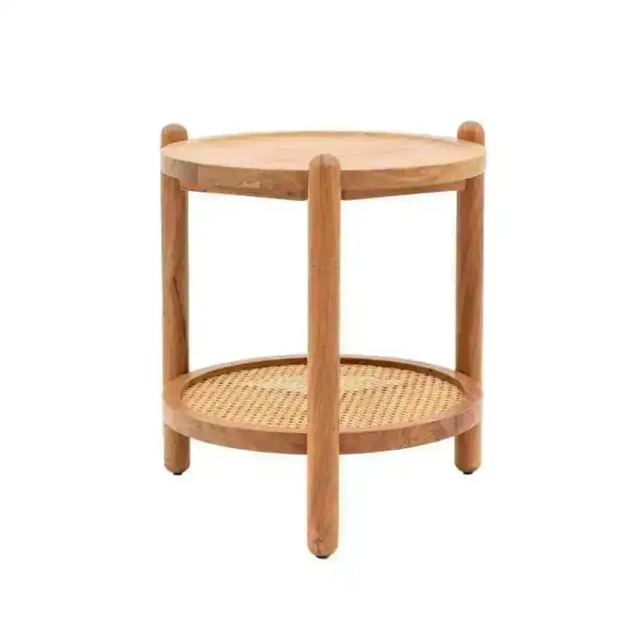 Round Rich Mango Wood & Cane Shelf Side Table