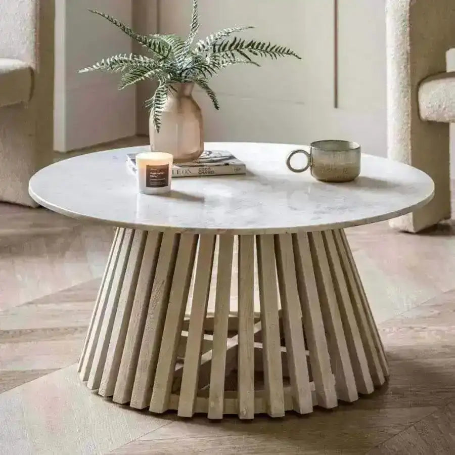 Round Sloping Slatted Wood & Marble Top Coffee Table