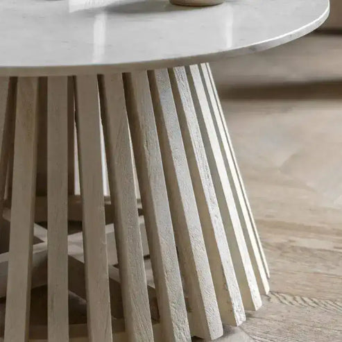 Round Sloping Slatted Wood & Marble Top Coffee Table