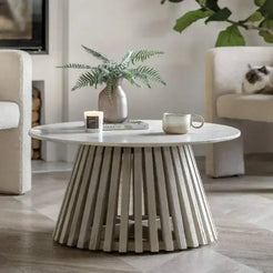 Round Sloping Slatted Wood & Marble Top Coffee Table