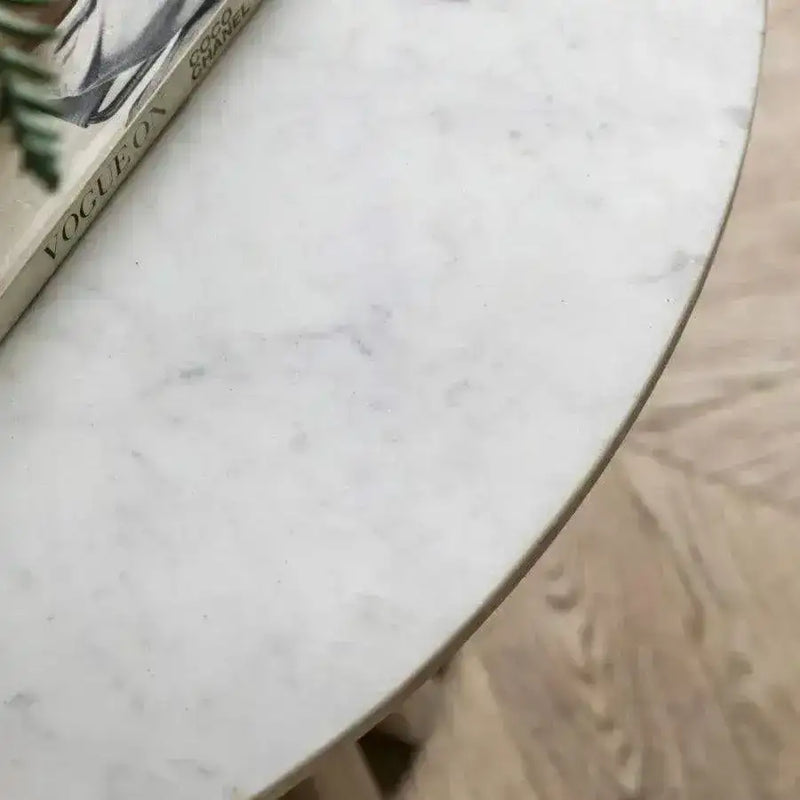 Round Sloping Slatted Wood & Marble Top Coffee Table