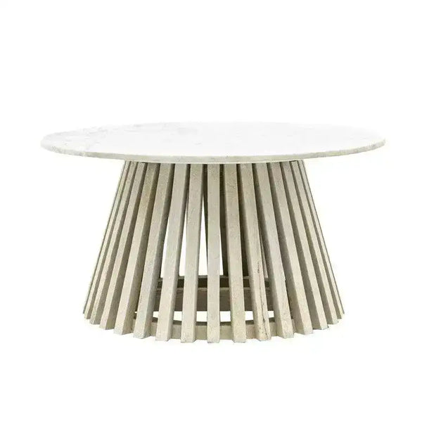 Round Sloping Slatted Wood & Marble Top Coffee Table