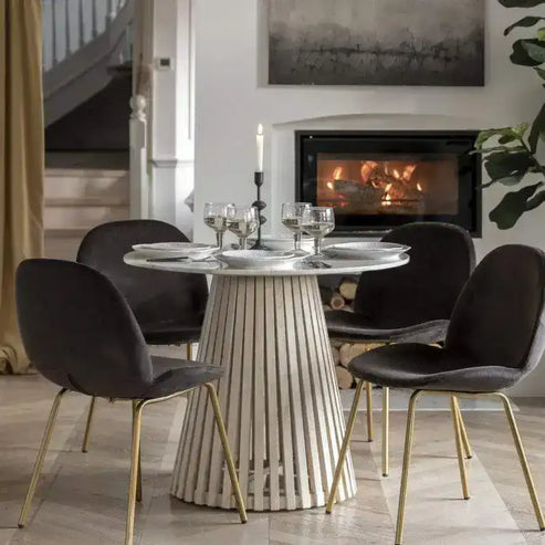 Round Sloping Slatted Wood & Marble Top Dining Table | Farthing