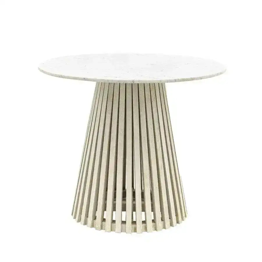 Round Sloping Slatted Wood & Marble Top Dining Table | Farthing