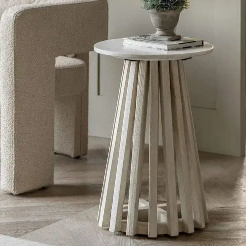 Round Sloping Slatted Wood & Marble Top Side Table