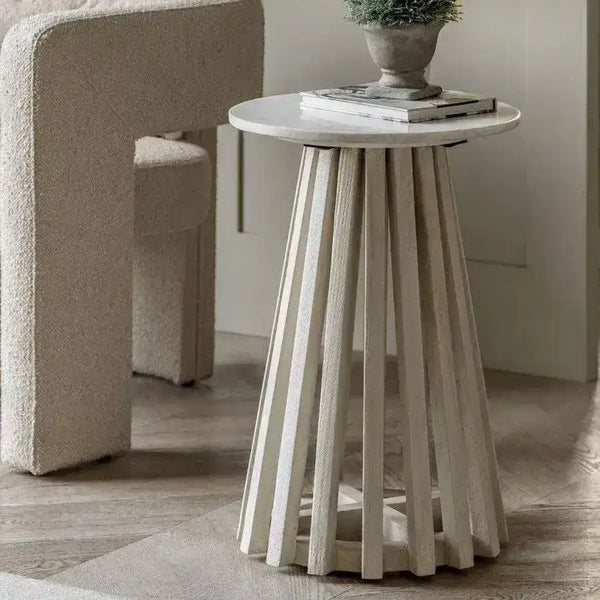 Round Sloping Slatted Wood & Marble Top Side Table