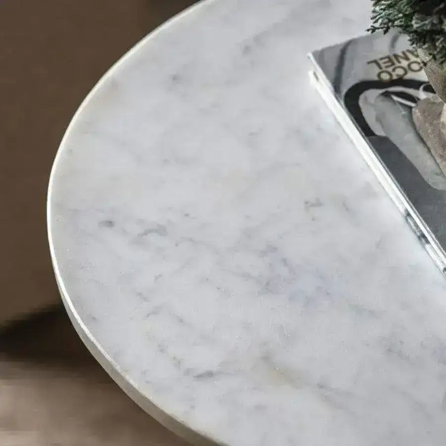 Round Sloping Slatted Wood & Marble Top Side Table