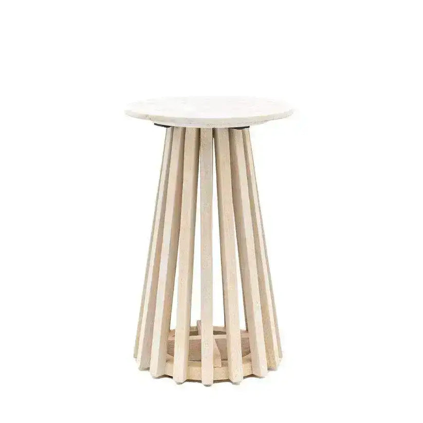 Round Sloping Slatted Wood & Marble Top Side Table