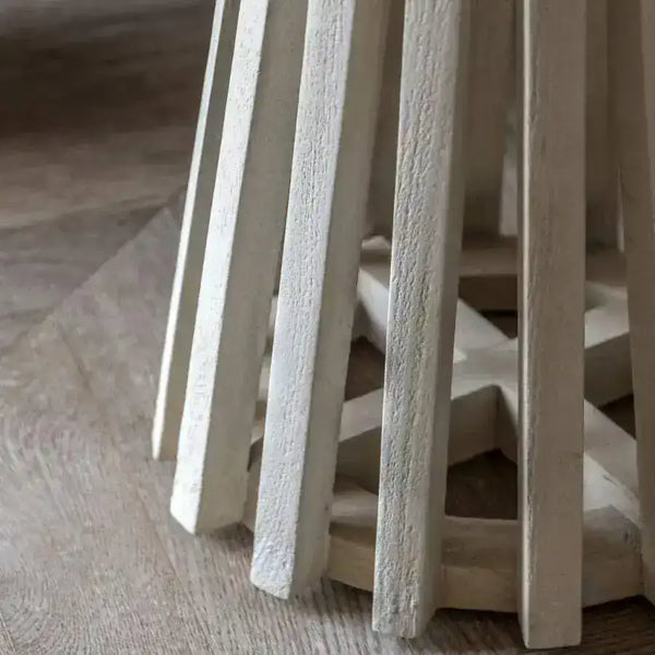 Round Sloping Slatted Wood & Marble Top Side Table