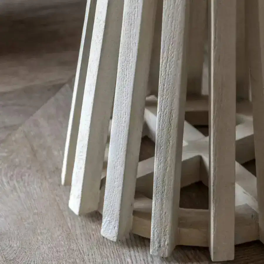 Round Sloping Slatted Wood & Marble Top Side Table