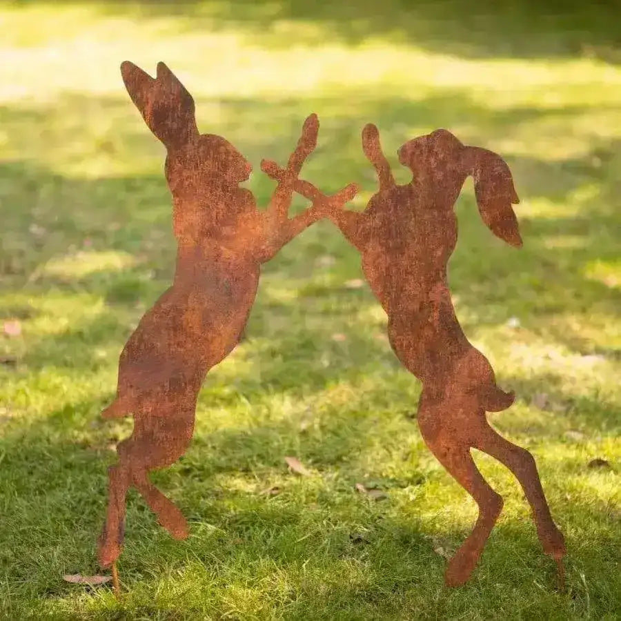 Rustic Boxing Hares Decorative Garden Stake