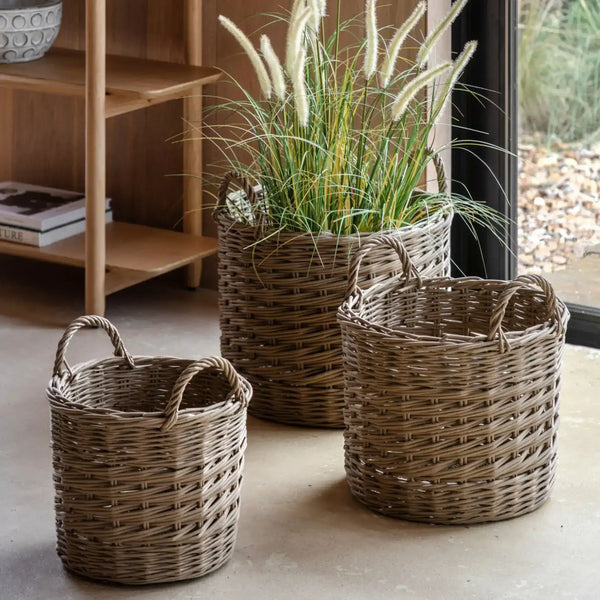 Set of 2 Natural Woven Wicker Baskets with HandlesSet of 3 Hand Woven ...