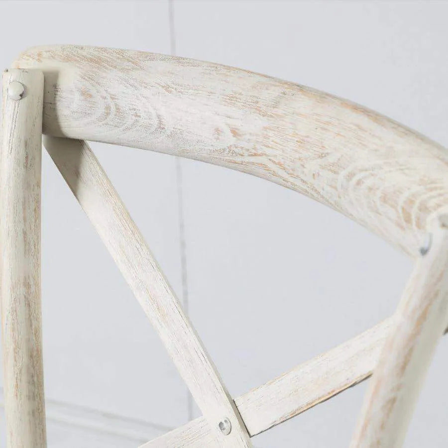 Set of Two Distressed White Wood Cross Back Dining Chairs