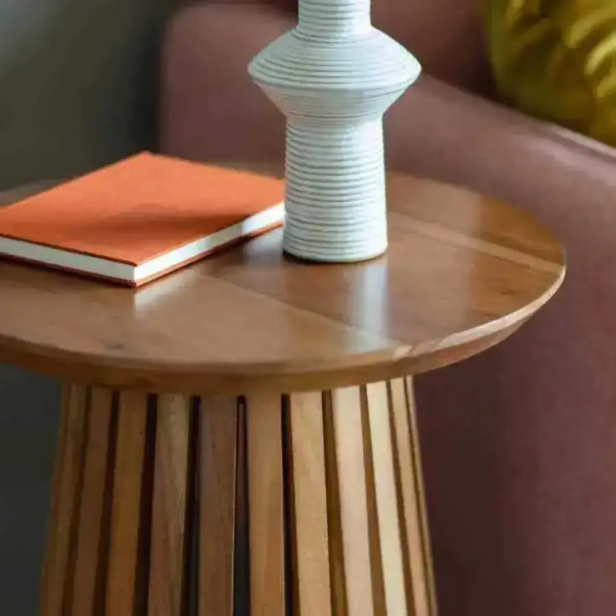Sloping Acacia Wood Slatted Side Table