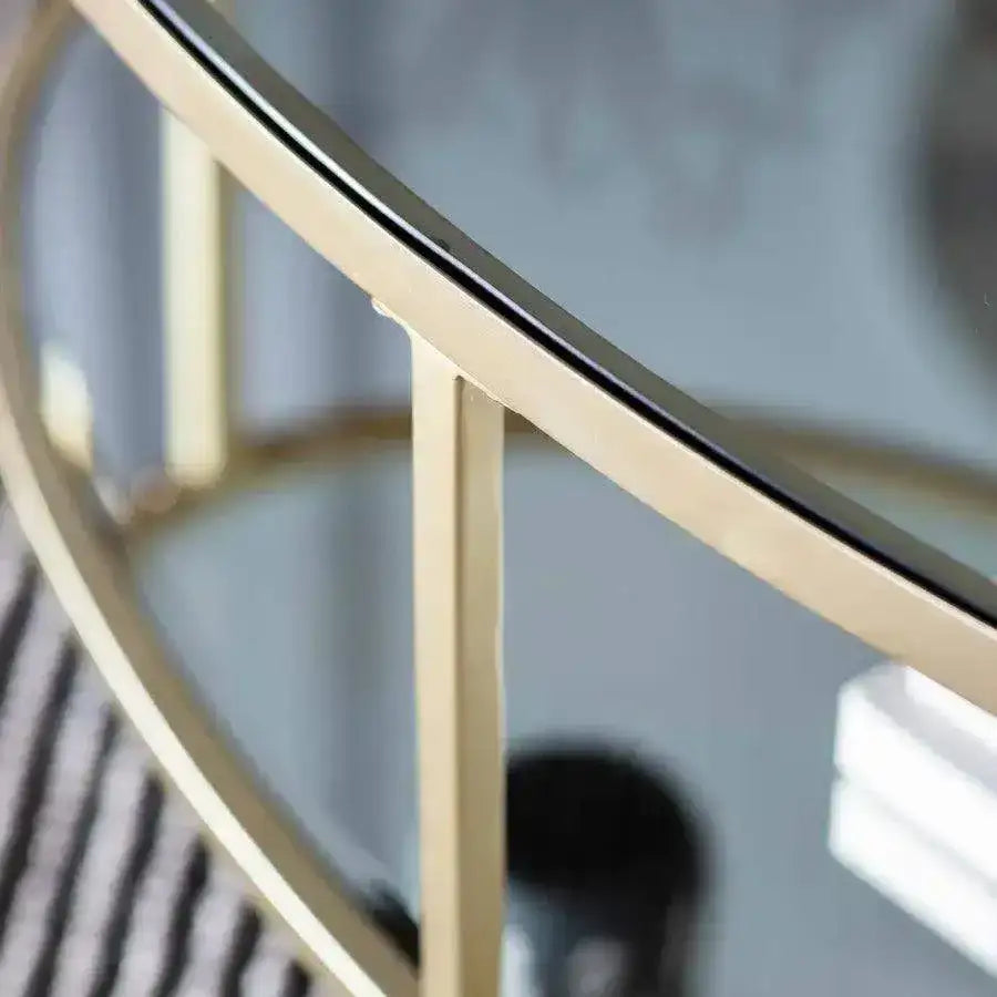 Soft Gold Oval Metal and Glass Coffee Table