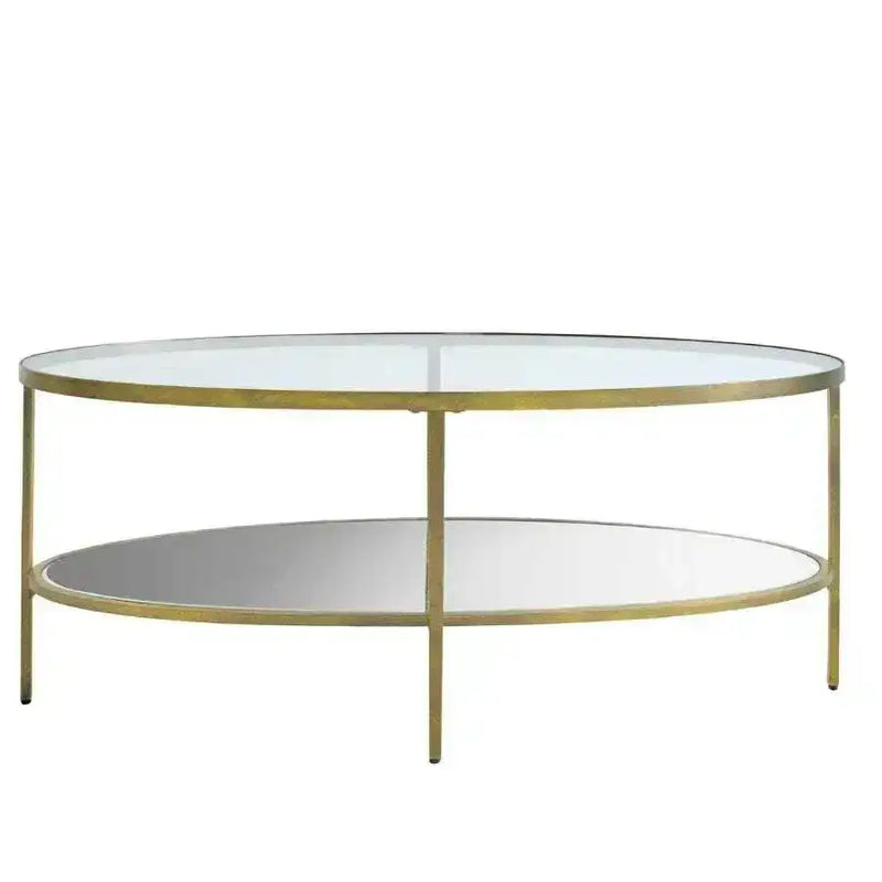 Soft Gold Oval Metal and Glass Coffee Table