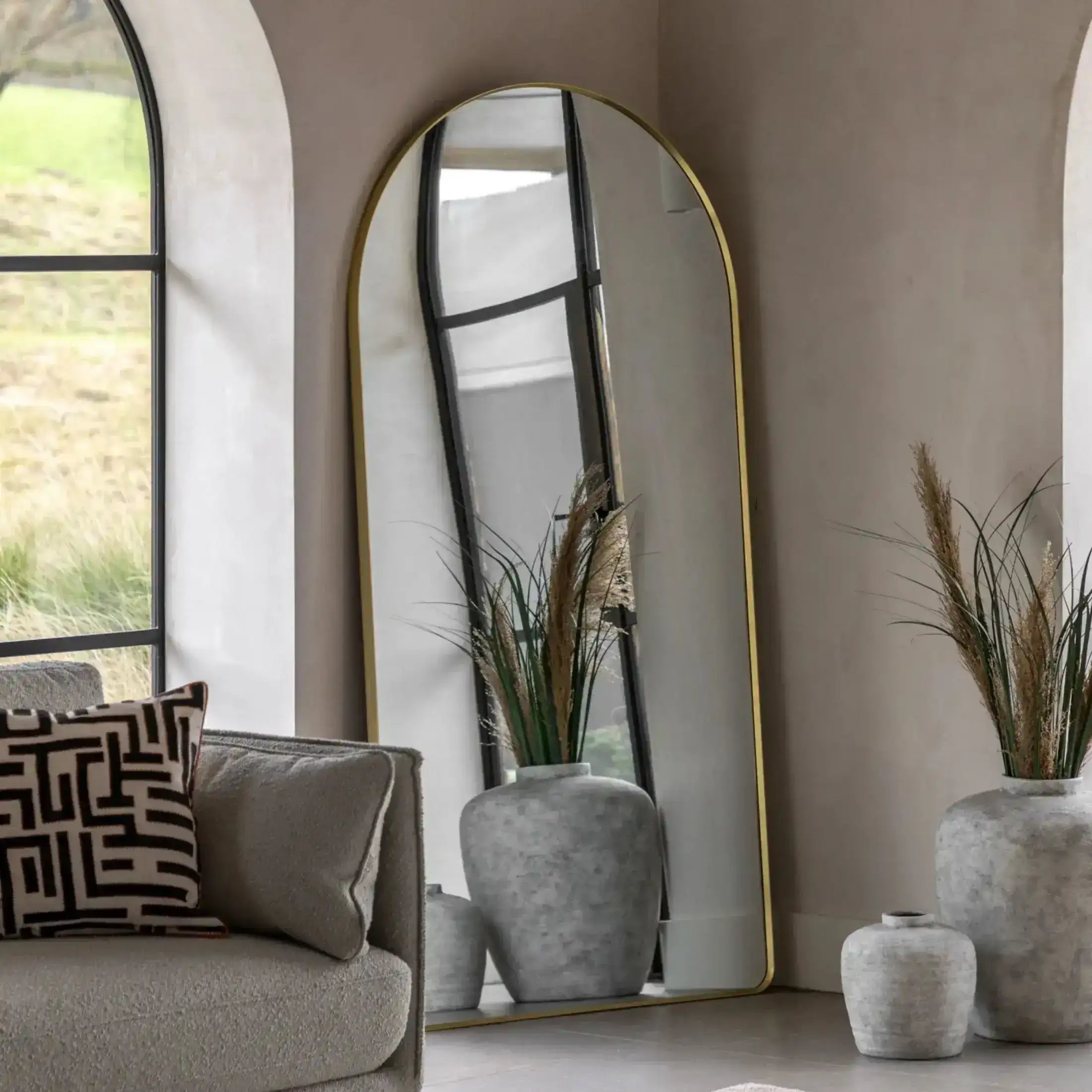 Tall Slim Gold Frame Curved Top Leaner Mirror
