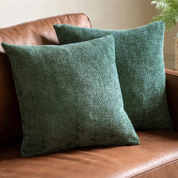 Two Green Chenille Weave Pattern Cushions at the Farthing