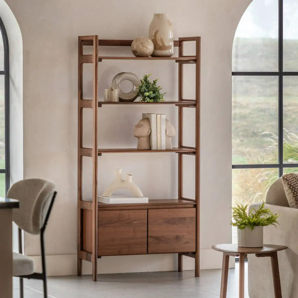 Walnut Open Display Shelf Unit with Cupboard