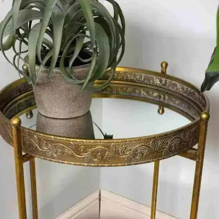 Burnished Gold Mirrored Filigree Side Table