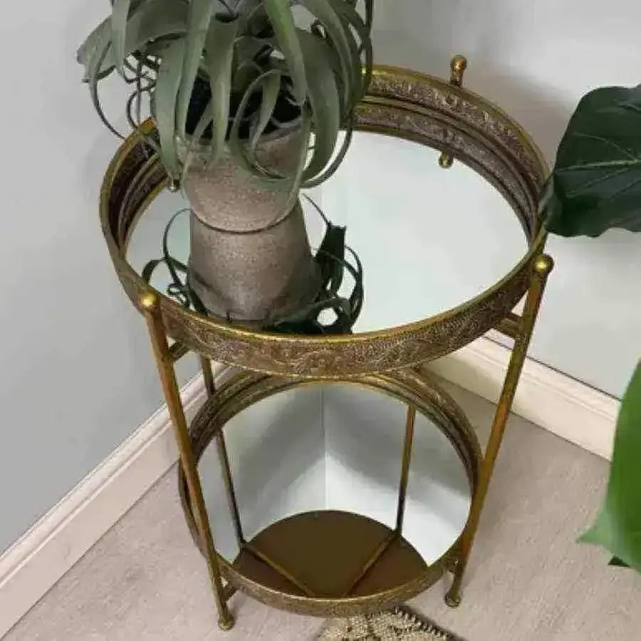 Burnished Gold Mirrored Filigree Side Table