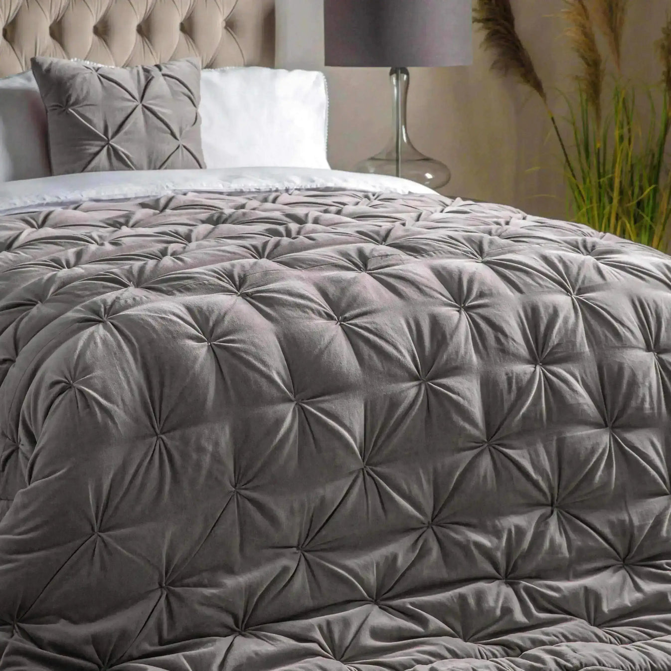 Grey Opulent Pinched Velvet and Linen Bedspread