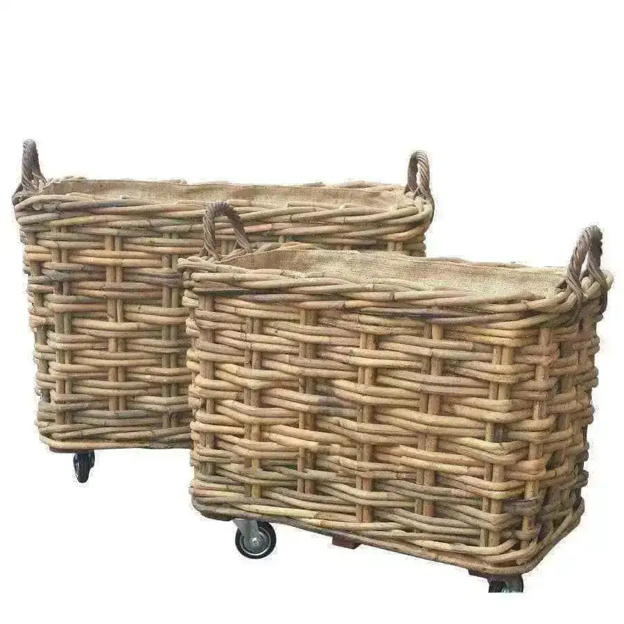 Set of 2 Hessian Lined Rectangle Wheeled Rattan Baskets