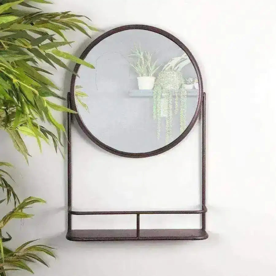 Round Industrial Mirror with Shelf